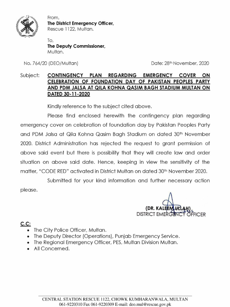 764 - The DC Multan, CONTINGENCY PLAN SPECIAL EMERGENCY COVER PPP PROCESSION 2020 | PDF
