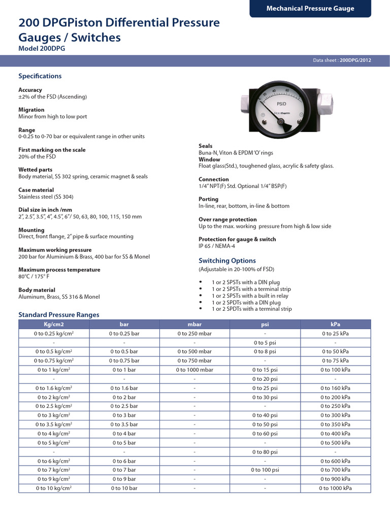 200DPG Differential Pressure Gauge DATSHEET | PDF | Pressure Measurement | Relay