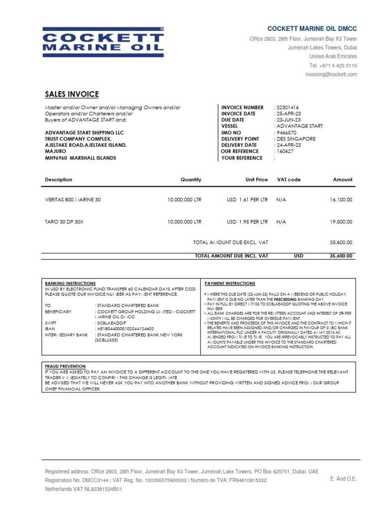 Cockett Marine Oil Invoice Details | PDF | Invoice | Value Added Tax