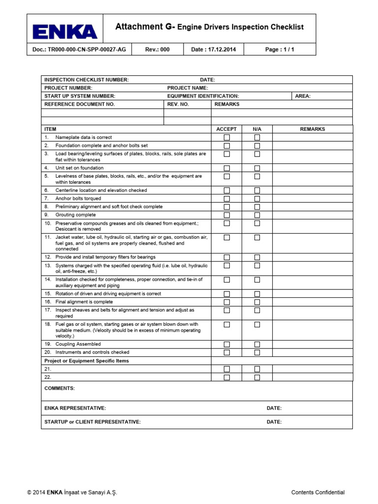 Engine Driver Inspection Checklist | PDF | Bearing (Mechanical ...