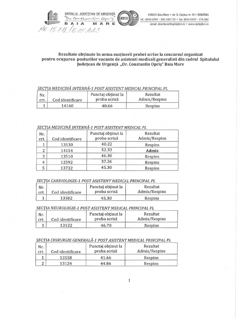 Rezultate Proba Scrisa La Concursul Pentru Asistenti Medicali Generalisti | PDF