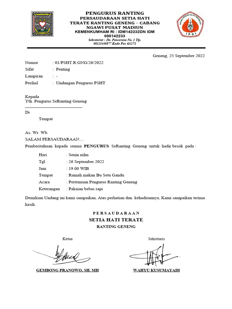 Undangan Pengurus PSHT | PDF