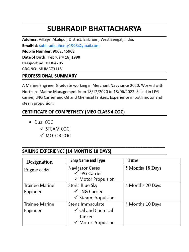 Marine Engineer CV: Subhradip Bhattacharya | PDF