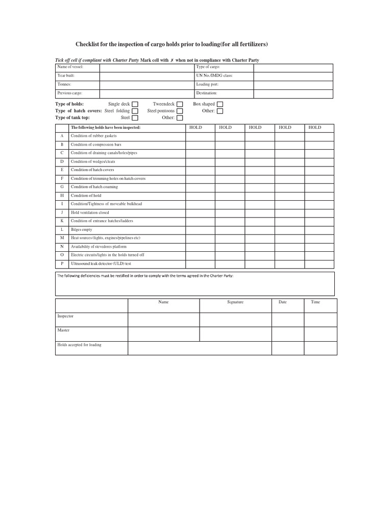 Checklist For The Inspection of Cargo Holds Prior To Loading | PDF