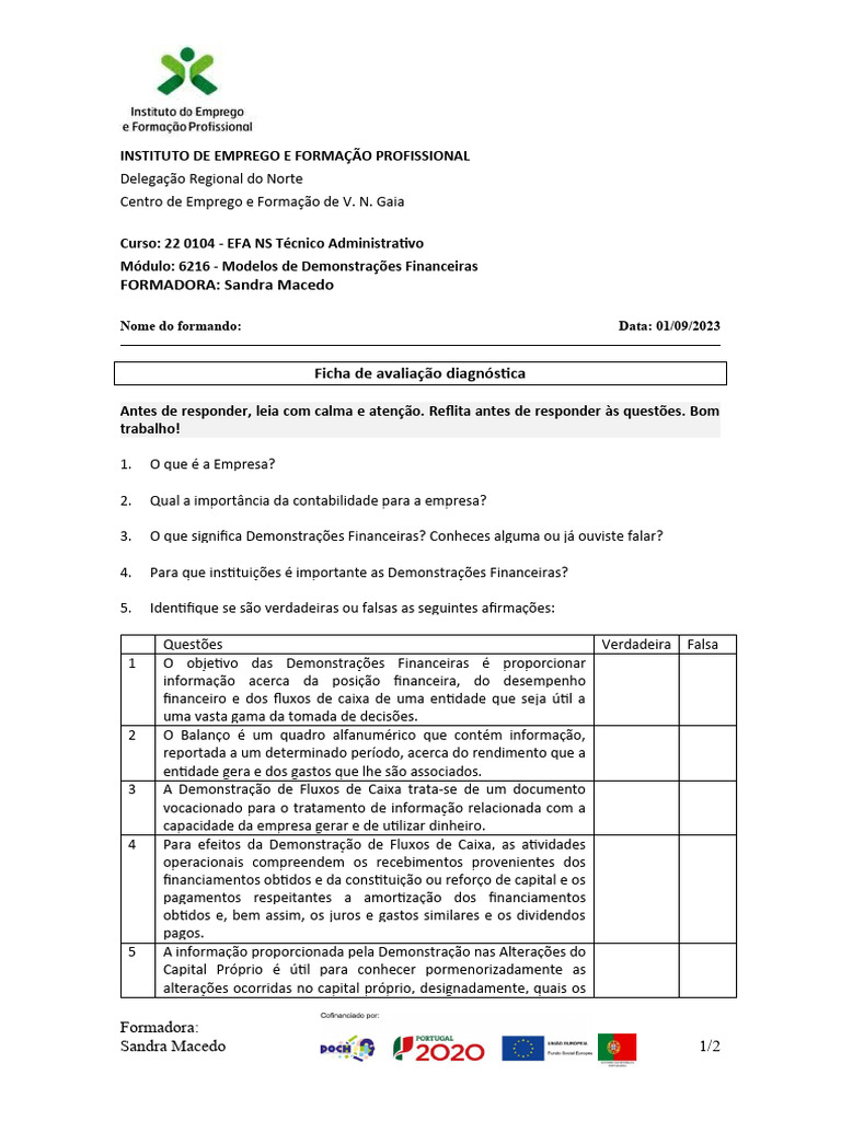 UFCD 6216 Ficha de Diagnóstico | PDF | Fluxo de caixa | Economias