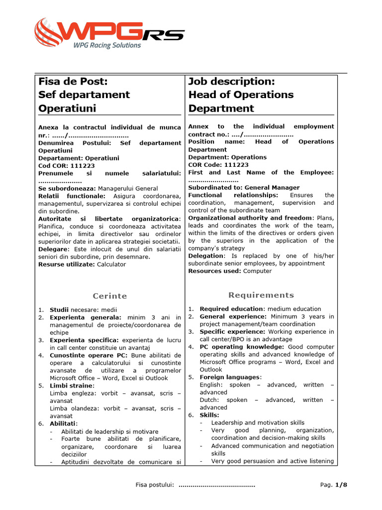 Fisa Postului - Sef Departament - RO - EN | PDF | Occupational Safety ... Fisa Postului - Sef Departament - RO - EN | PDF | Occupational Safety ...