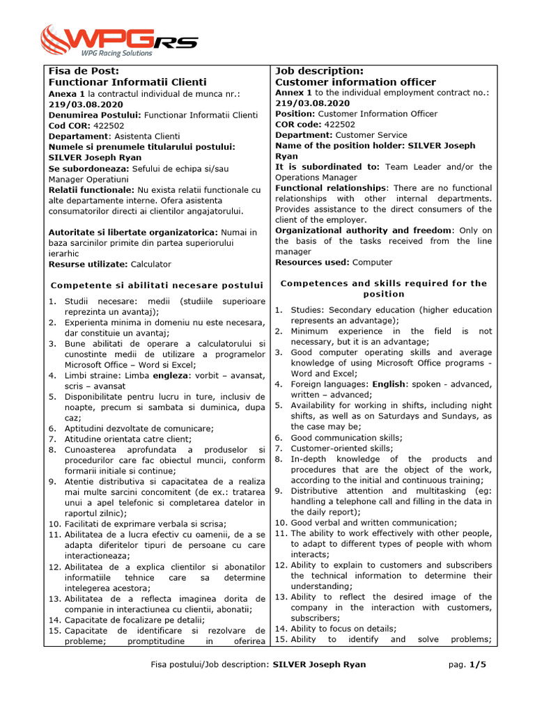 Fisa Postului - Functionar Informatii Clienti - WPGRS - Ro-En | PDF ...
