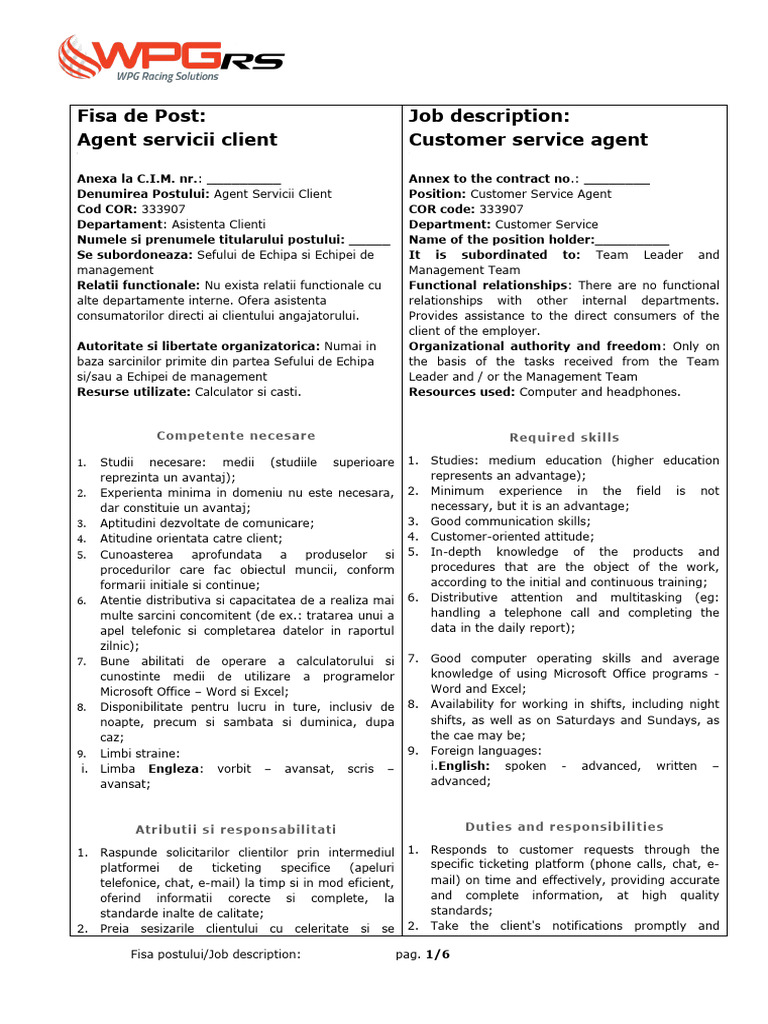 02.fisa Postului - Agent Servicii Client - WPGRS - Ro-En | PDF ...