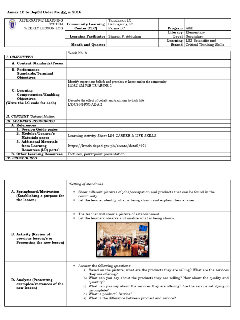 WLL For COT1-2023-L2 | PDF | Learning | Cognition