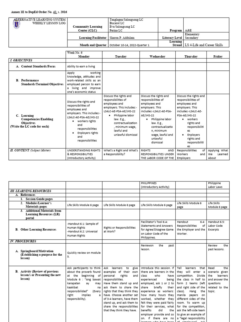 I. Objectives: LS 4-Life and Career Skills | PDF | Employment | Learning