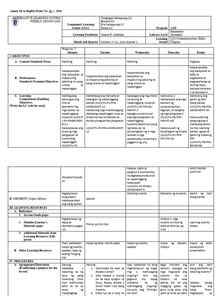 LS1-Communication Skills-Filipino: I. Objectives | PDF