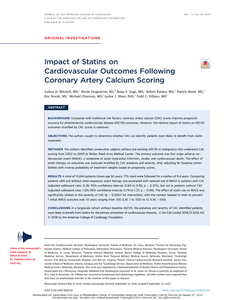 Impact of Statins On Cardiovascular Outcomes Following Coronary Artery ...