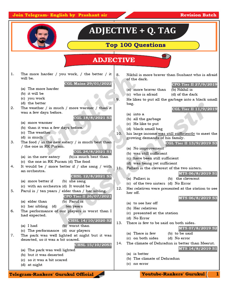 Adjective (Top 100 Question) Revision Batch | PDF