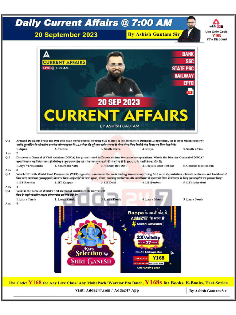 20 September 2023 Current Affair by Ashish Gautam Sir New Page | PDF
