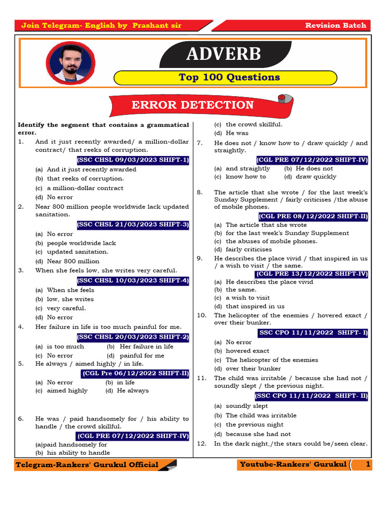 Adverb (Top 100 Qestions) | PDF