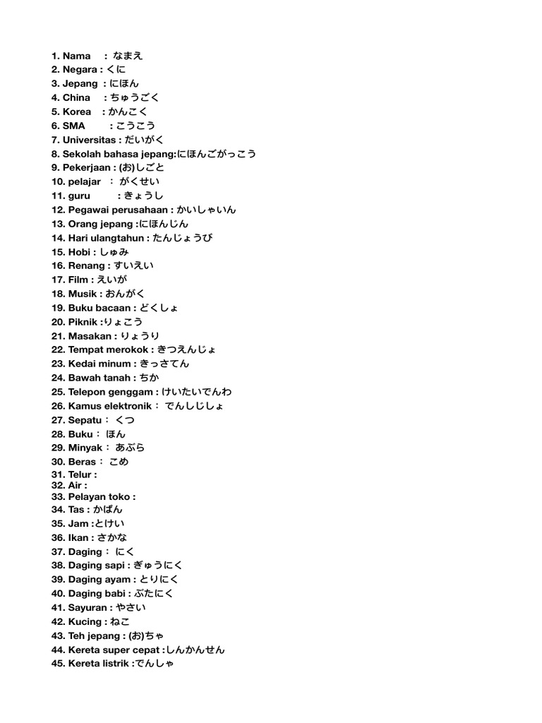 Kosa Kata Kata Benda Bahasa Jepang | PDF