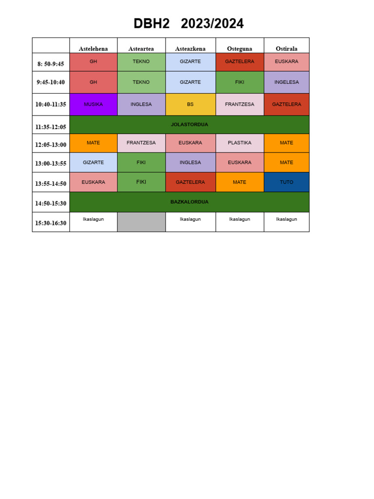 DBH 2 Ordutegia 2023-2024 | PDF