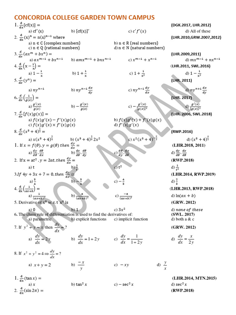 Calculus Derivatives Practice Questions | PDF | Elementary Mathematics ...