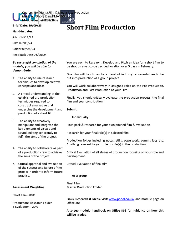Short Film Production Brief 2023 24 | PDF | Cognition | Human Communication