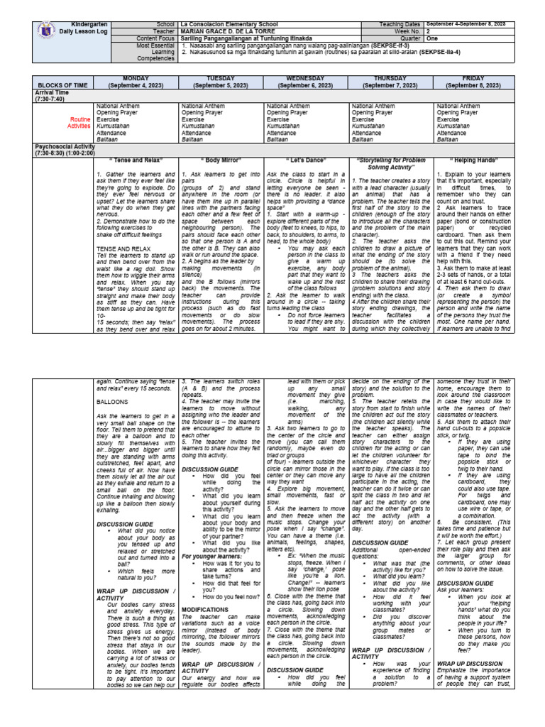 Kindergarten DLL MELC Q1 Week 2 Asf | PDF | Learning | Teachers