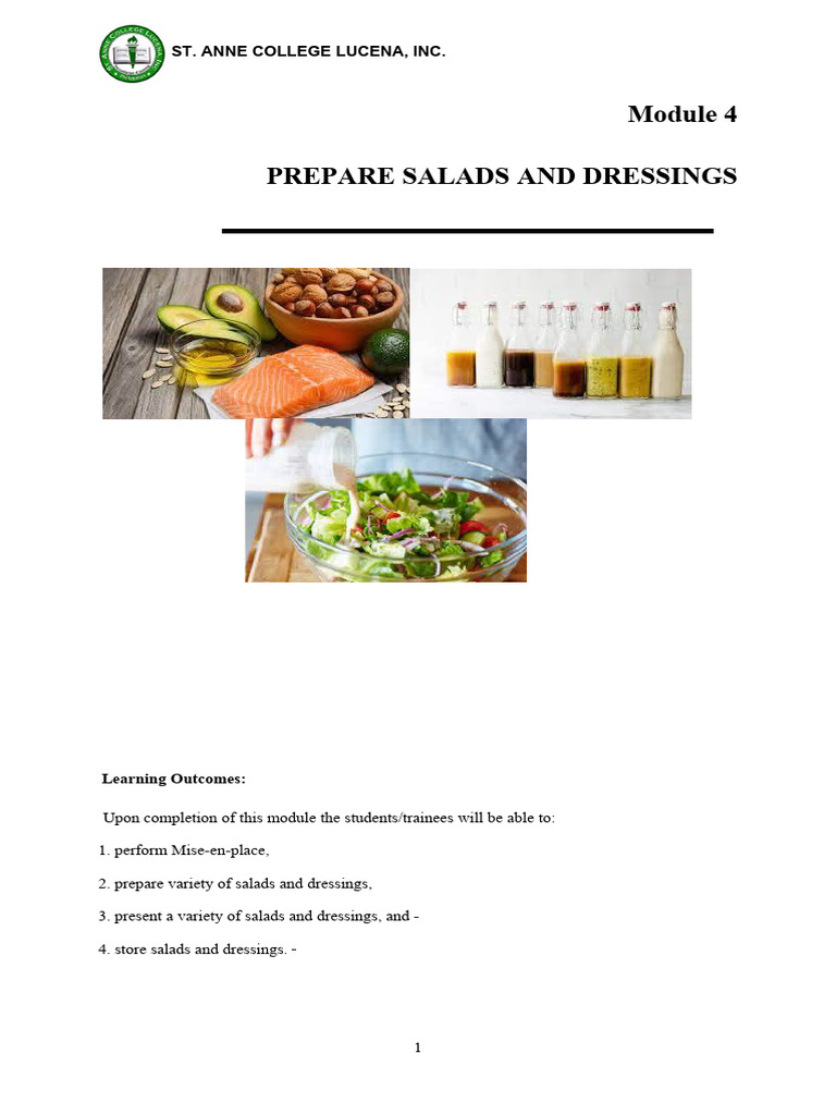 Salads and Dressings Preparation Guide | PDF | Salad | Fat