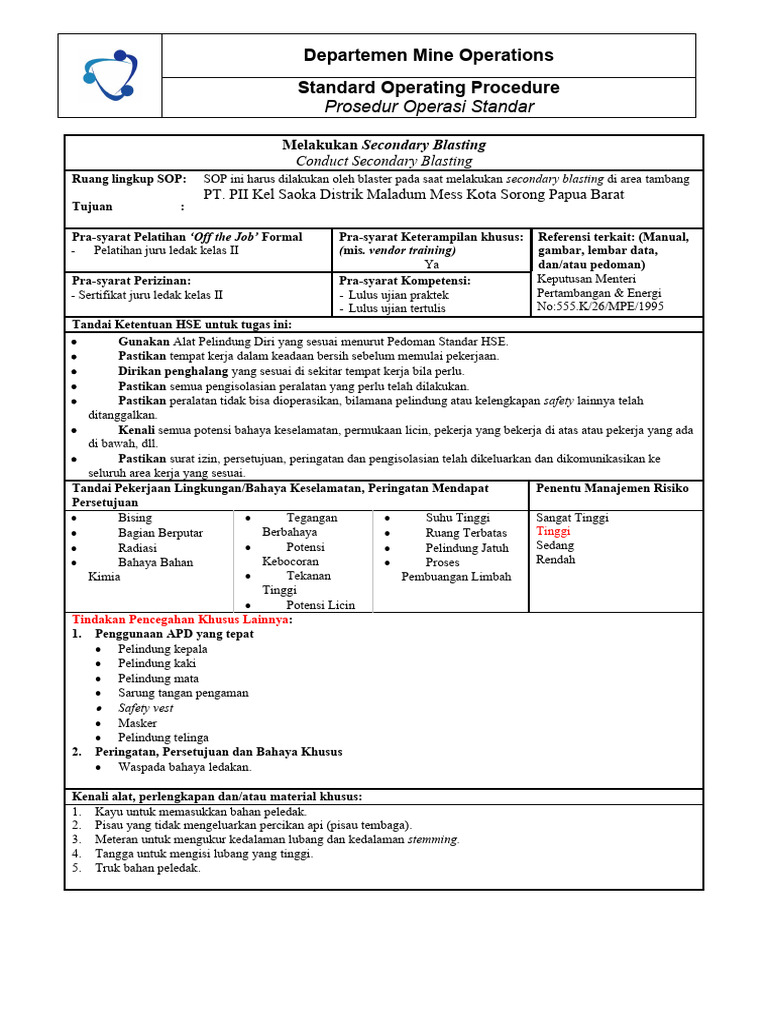 Prosedur Secondary Blasting Tambang | PDF