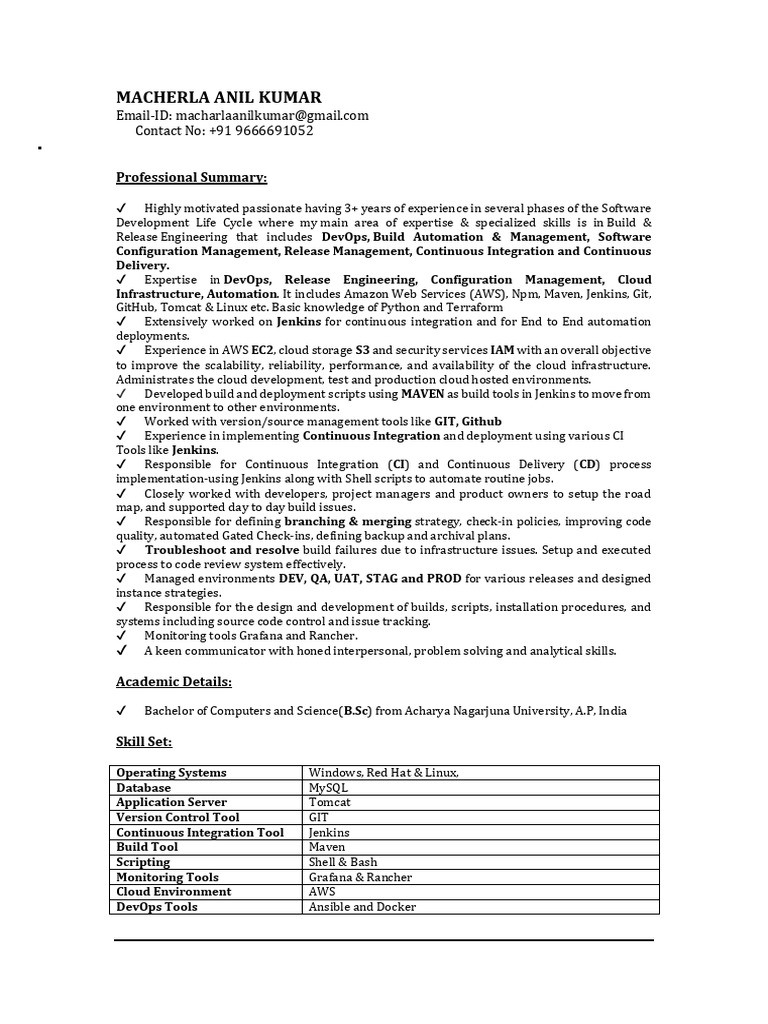 Anil Kumar - Resume - AWS and DevOps | Download Free PDF | Cloud Computing | Amazon Web Services