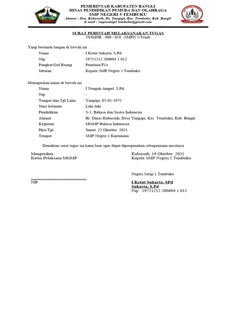 SURAT TUGAS MGMP DAN SPPD Ampel 2019 | PDF