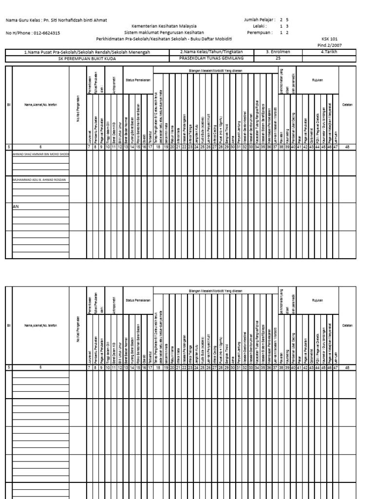 Borang Rawatan Murid KSK 101-Prasekolah | PDF