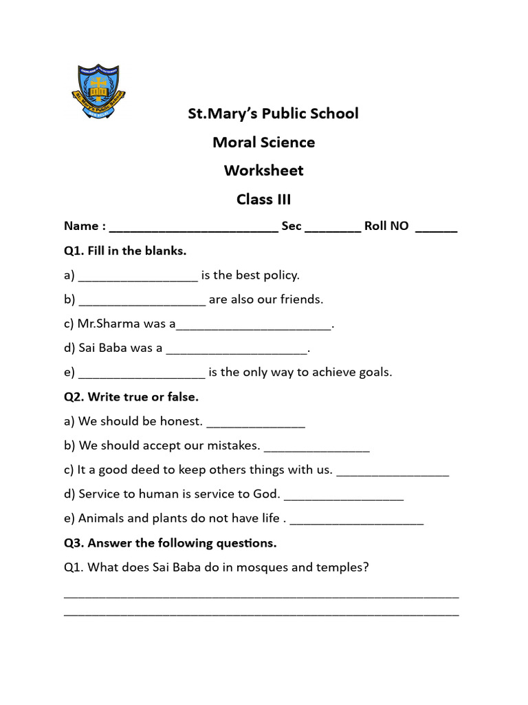 Class 3 Moral Science Worksheet | PDF