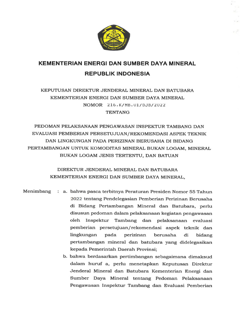 Kepdirjen Minerba 216.K - MB.01 - DJB - 2022 Tentang Pedoman Pelaksanaan Pengawasan IT Dan ...