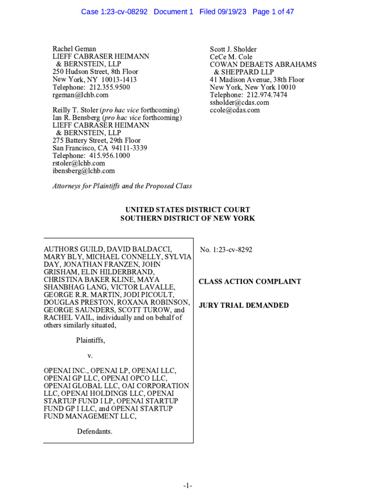 Authors Guild OpenAI Class Action Complaint Sep 2023 | PDF