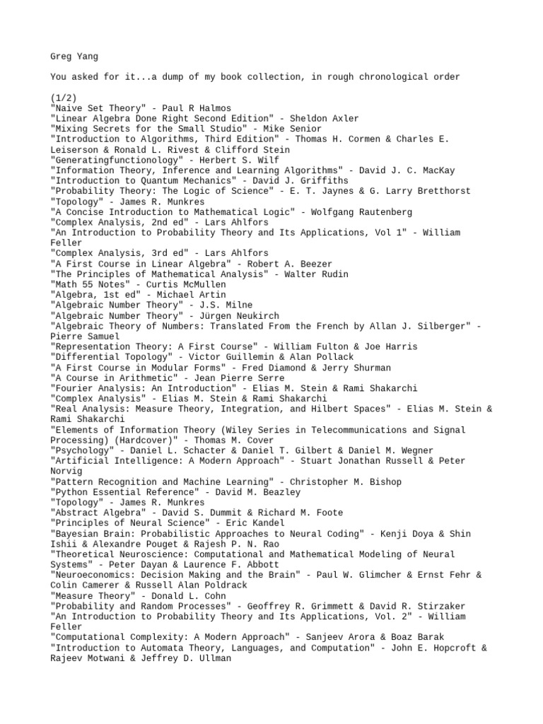 Greg Yang's Book Collection Overview | PDF | Combinatorics | Mathematics