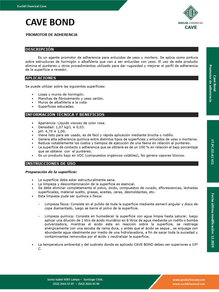 Ficha Tecnica Cave Bond v11 | PDF | Yeso | Agua