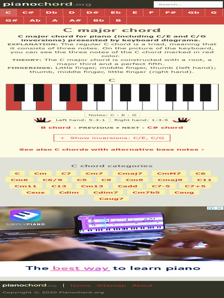C Major Piano Chord - Diagram and Fingerings For C, CE, CG | PDF