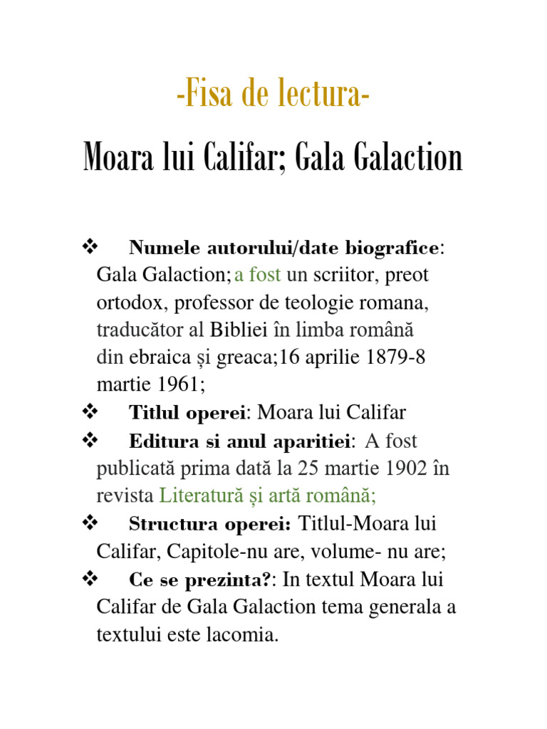 Fisa de Lectura-Moara Lui Califar | PDF