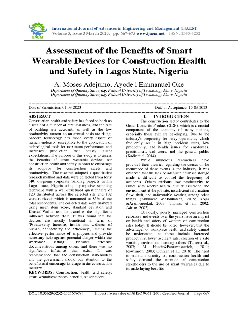 Assessment of The Benefits of Smart Wearable Devices For Construction Health and Safety in Lagos ...