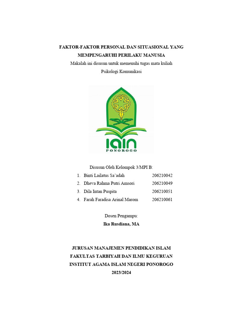 Faktor Personal Dan Situasional Yang Mempengaruhi Perilaku Manusia | PDF Faktor Personal Dan Situasional Yang Mempengaruhi Perilaku Manusia | PDF