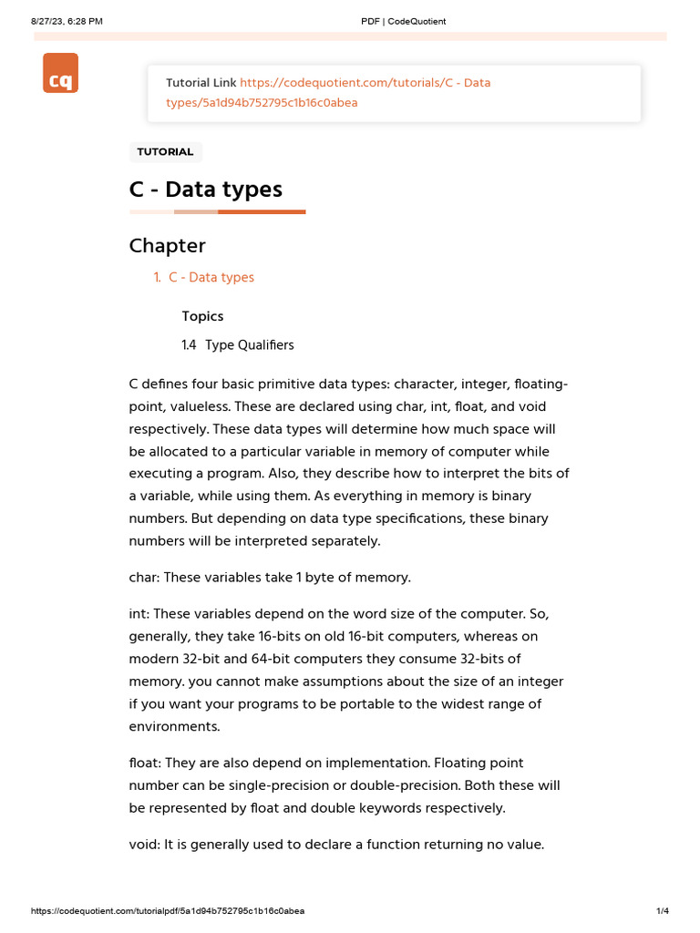C Data Types Pdf Data Type Integer Computer Science