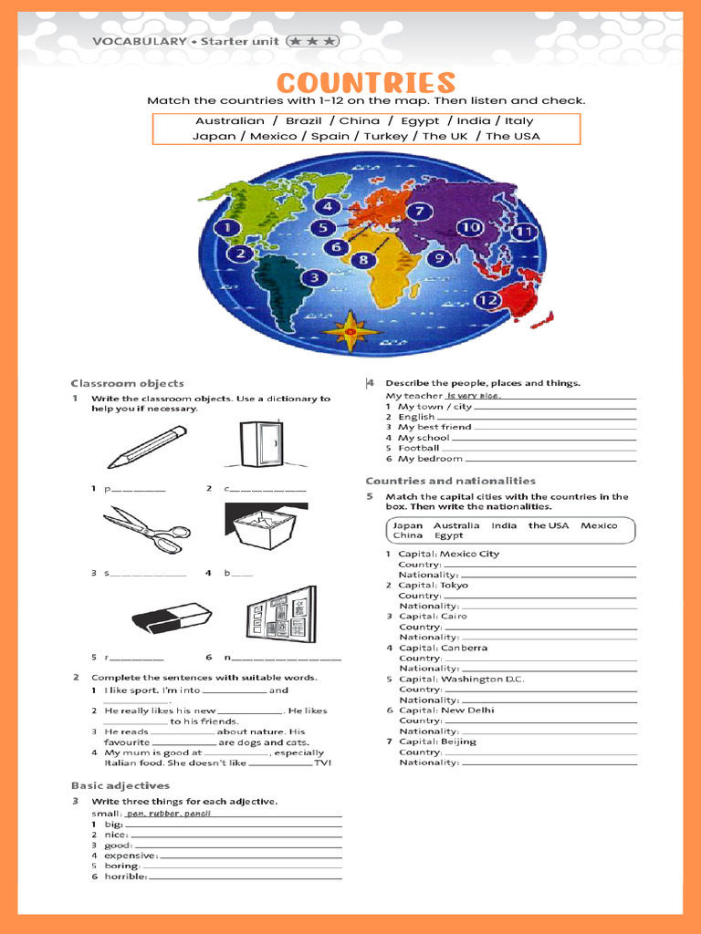 Countries Vocabulary - World Map Worksheet | PDF