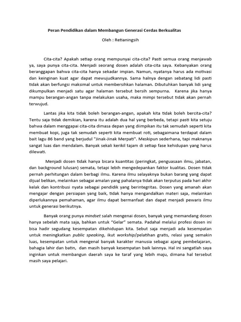 Peran Pendidikan Dalam Membangun Generasi Cerdas Berkualitas - Retianingsih | PDF