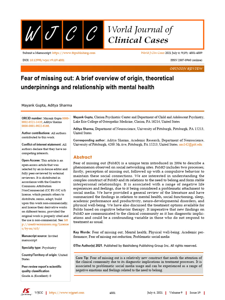 Overview of Fear of Missing Out (FoMO) | PDF | Sleep | Attention ...