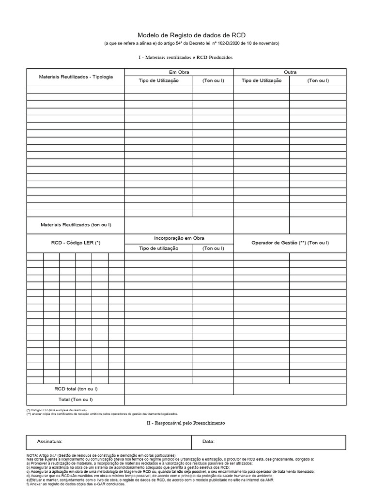 Modelo de Registro de RCD | PDF | Desperdício
