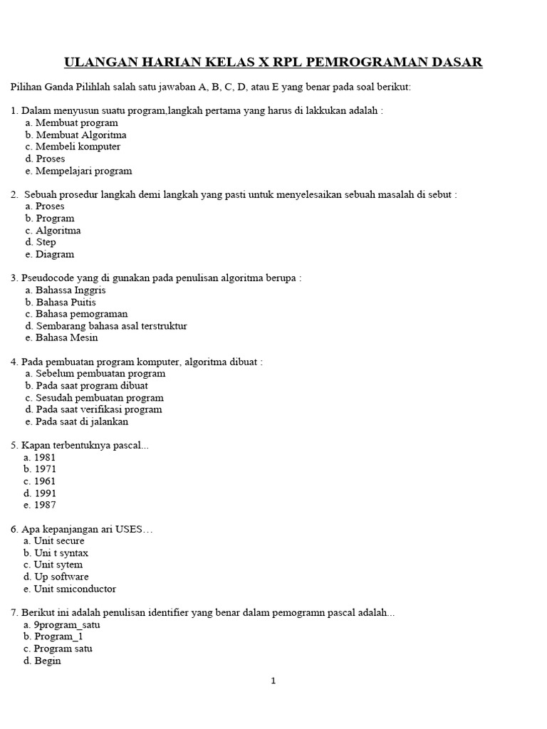 Ulangan Harian Pemrograman Dasar RPL | PDF | Komputer