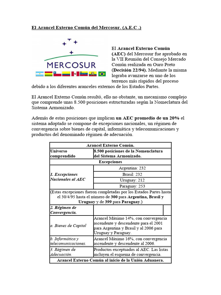 El Arancel Externo Común Del Mercosur | PDF | Economias