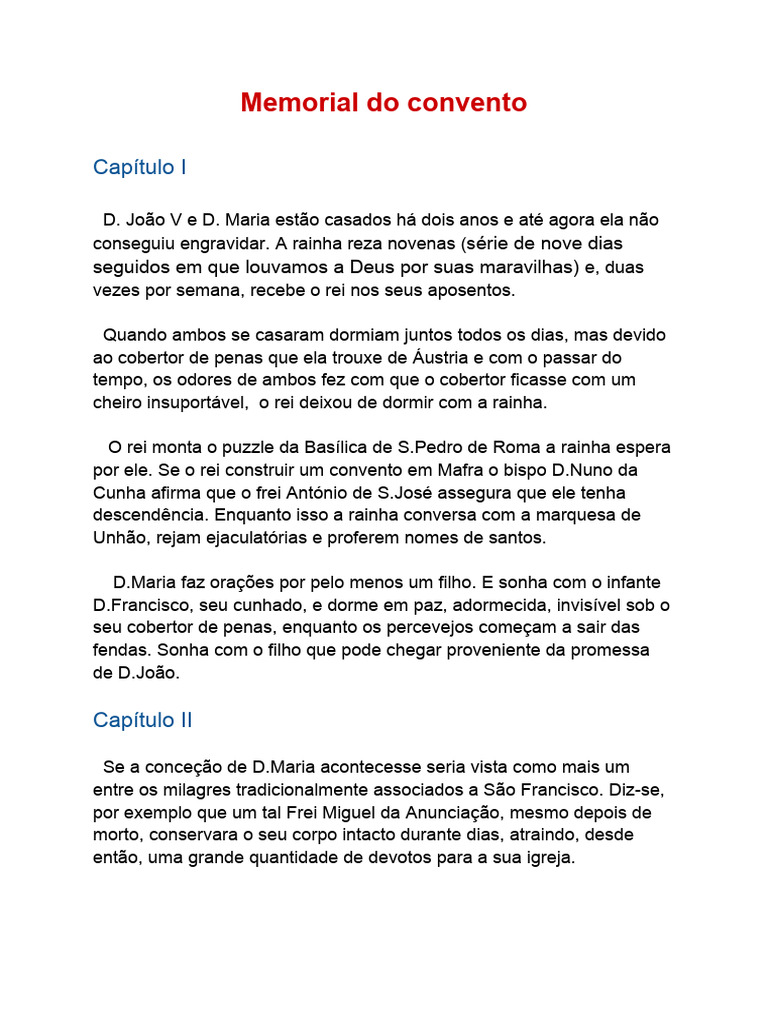 Memorial Do Convento Resumo Dos 3 Primeiros Capítulos | PDF | Maria ...