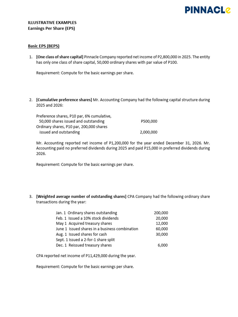 Earnings Per Share Illustrative Examples | PDF | Preferred Stock ...