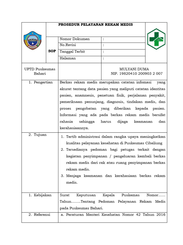 SOP PROSEDUR PELAYANAN REKAM MEDIS | PDF