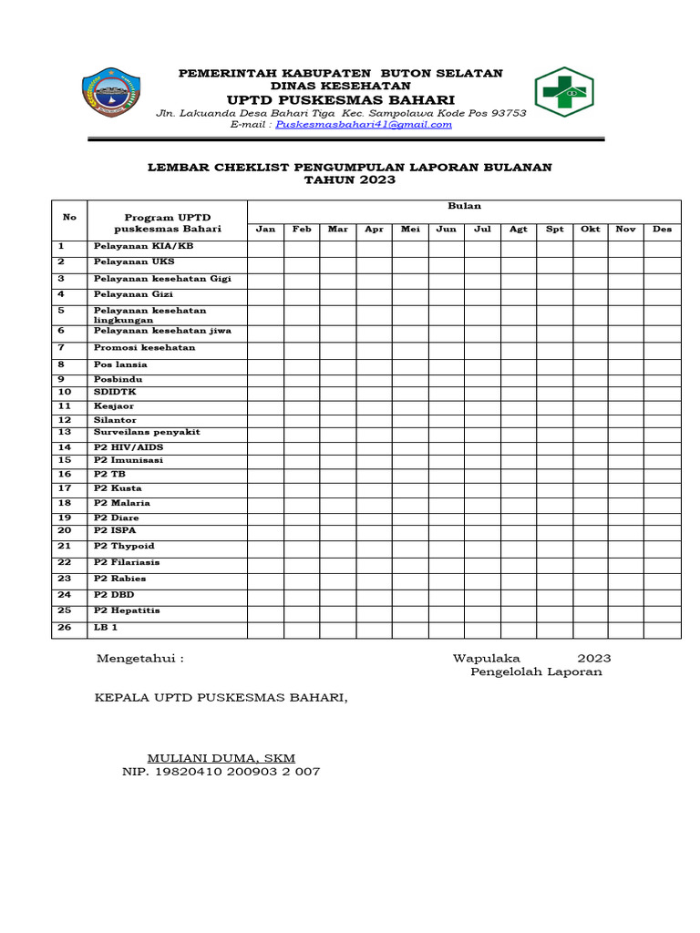 Lembar Cheklist Pengumpulan Laporan Bulanan | PDF