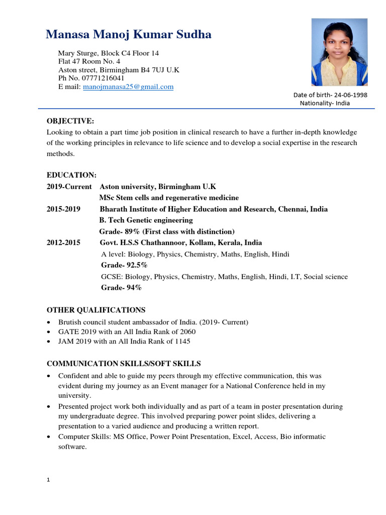 Resume Manasa | Download Free PDF | Molecular Biology | Gel Electrophoresis